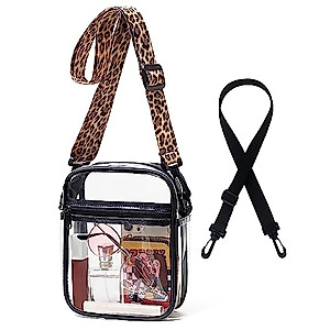 Vorspack Clear Bag Stadium Approved - PVC Clear Purse Clear Crossbody Bag with 2 Straps Clear Purses for Women Stadium Concerts Festivals - Black & Leopard Strap