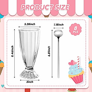8 Pieces Milkshake Glass Clear Ice Cream Soda Glass with 8 Long Stainless Steel Spoons Old Fashioned Fountain Soda Cups for Beer Dessert Milk