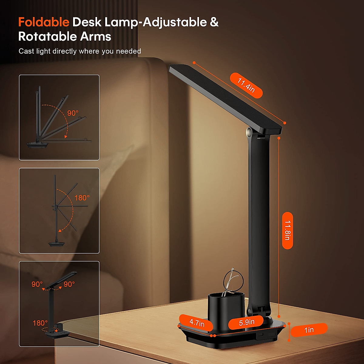 Desk Lamp Desk Light Desk Lamps for Home Office, LED Desk Lamp with USB Charging Port, Touch Control Small Desk Lamp with Pen/ Phone Holder, 3 Color Modes Foldable Study Reading Lamp with 10 Min Timer