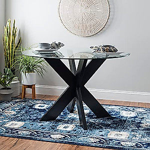 Powell Black Wood Modern Round Glass Top Parnell X Base Dining Table