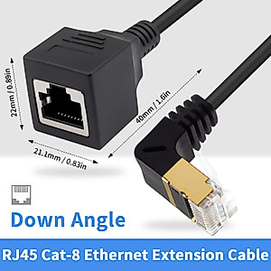 Duttek Cat8 Network Extension Cable 40Gbps, 90 Degree Down Angle RJ45 Male to Female Shielded Ethernet Connector Extension Cable (Extreme Thin) for Router, Modem 1.65FT/50CM