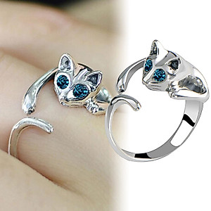 shiYsRL Exquisite Jewelry Ring Love Rings Women Cute Alloy Faux Gemstone Blue Eyes Cat Open Finger Ring Party Jewelry Gift Wedding Band Best Gifts for Love with Valentine's Day