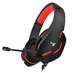 ionX Professional Wired Gaming Headset Compatible with Windows, macOS, PlayStation 5, Xbox Series S, X, Nintendo Switch, Android, and iOS, with Adjustable Boom Microphone and LED Lighting (Red)