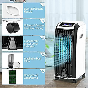 KOTEK Evaporative Cooler, Portable Air Cooler, Fan & Humidifier w/7.5H Timer, Anion Function, 3 Modes & 3 Speeds, Bladeless Quiet Evaporative Air Cooler w/Remote Control for Home, Office