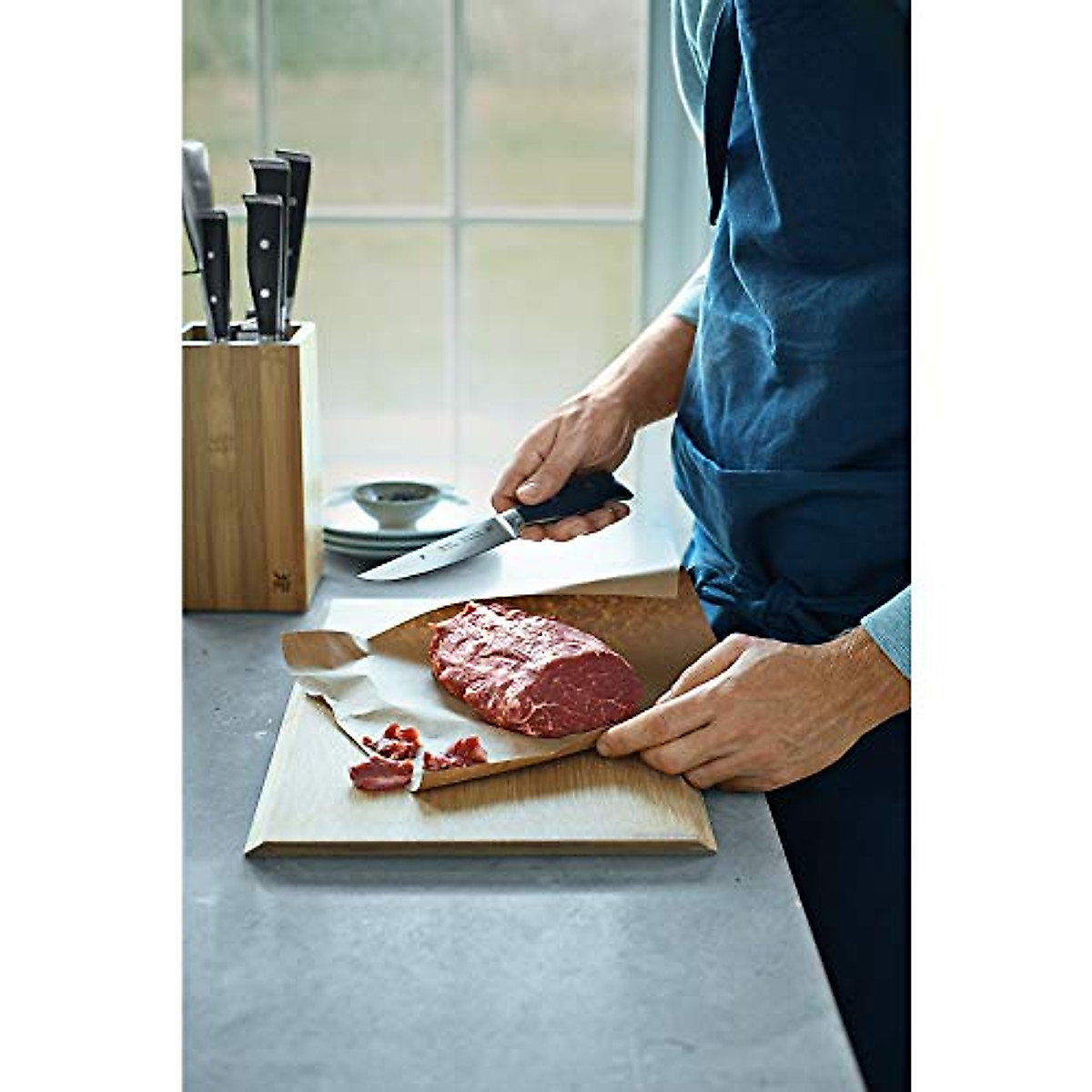 WMF Knife Block with 6 Pieces Grand Class Performance Cut Double Serrated Blade Made in Germany Forged Special Blade Steel - Stainless Steel Rivets Plastic Handles Knife Block of Bamboo