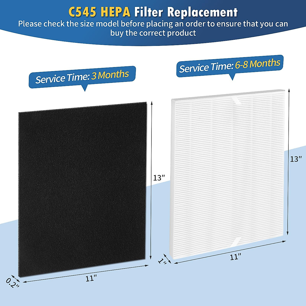 DerBlue 2 Pack C545 True HEPA Filter & 8 Pcs Carbon Pre-Filters Replacement Filter S for Winix C545, True HEPA Filter and Activated Carbon Filter, Part Number 1712-0096-00