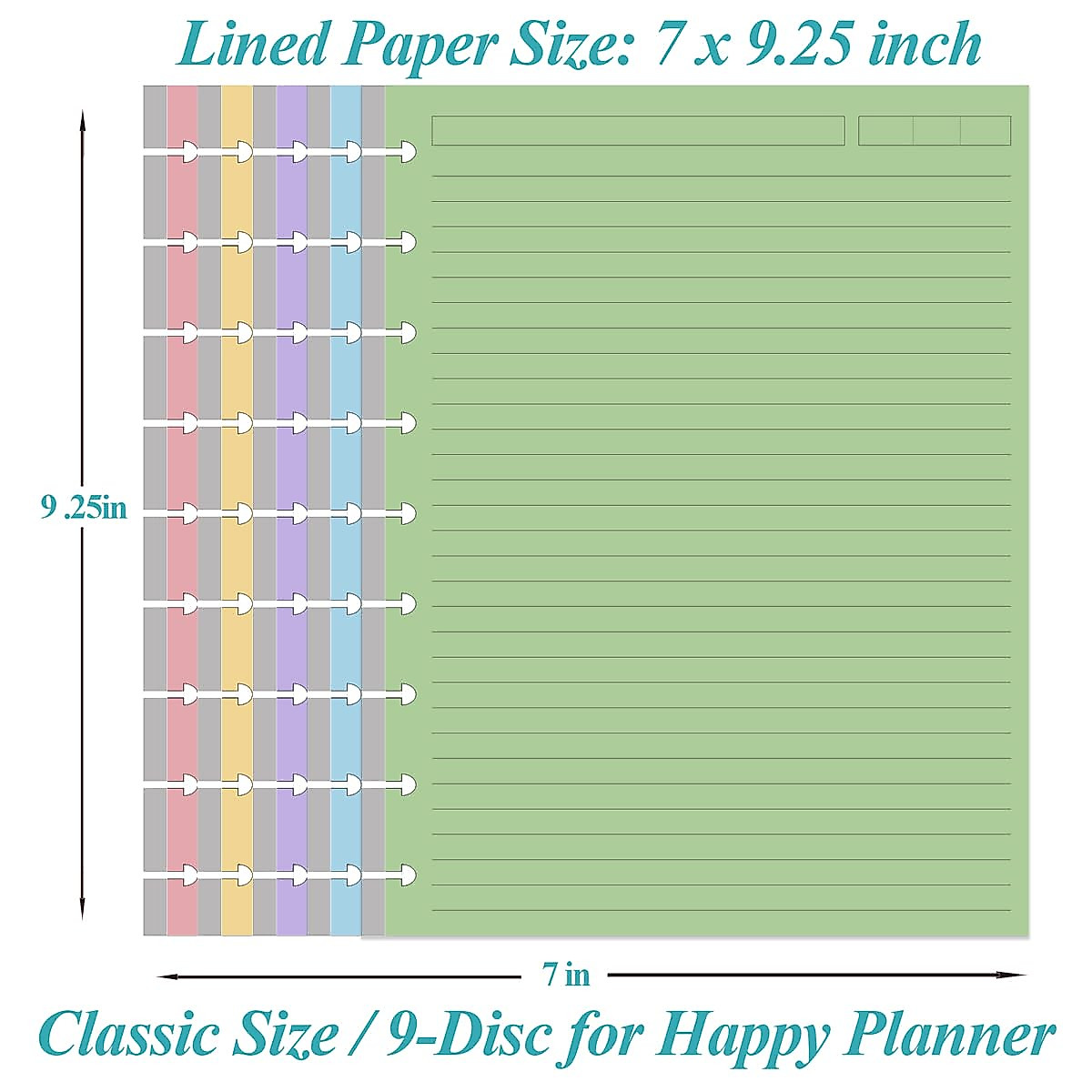 9-Disc Discbound 5 Colorful Line Paper Pre-punched Happy Planners Inserts, 100Sheets/200Pages Classic Size Line Loose-Leaf Paper, Per Color 20 Sheets, 7" x 9.25"