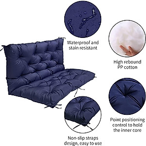 Swing Cushions 3 Seater Replacement Waterproof Porch Swing Cushions with Backrest and 8 Ties Thicken 4" Bench Cushion Replacement Patio Swing Cushion for Outdoor Furniture(Navy Blue 60x40in)