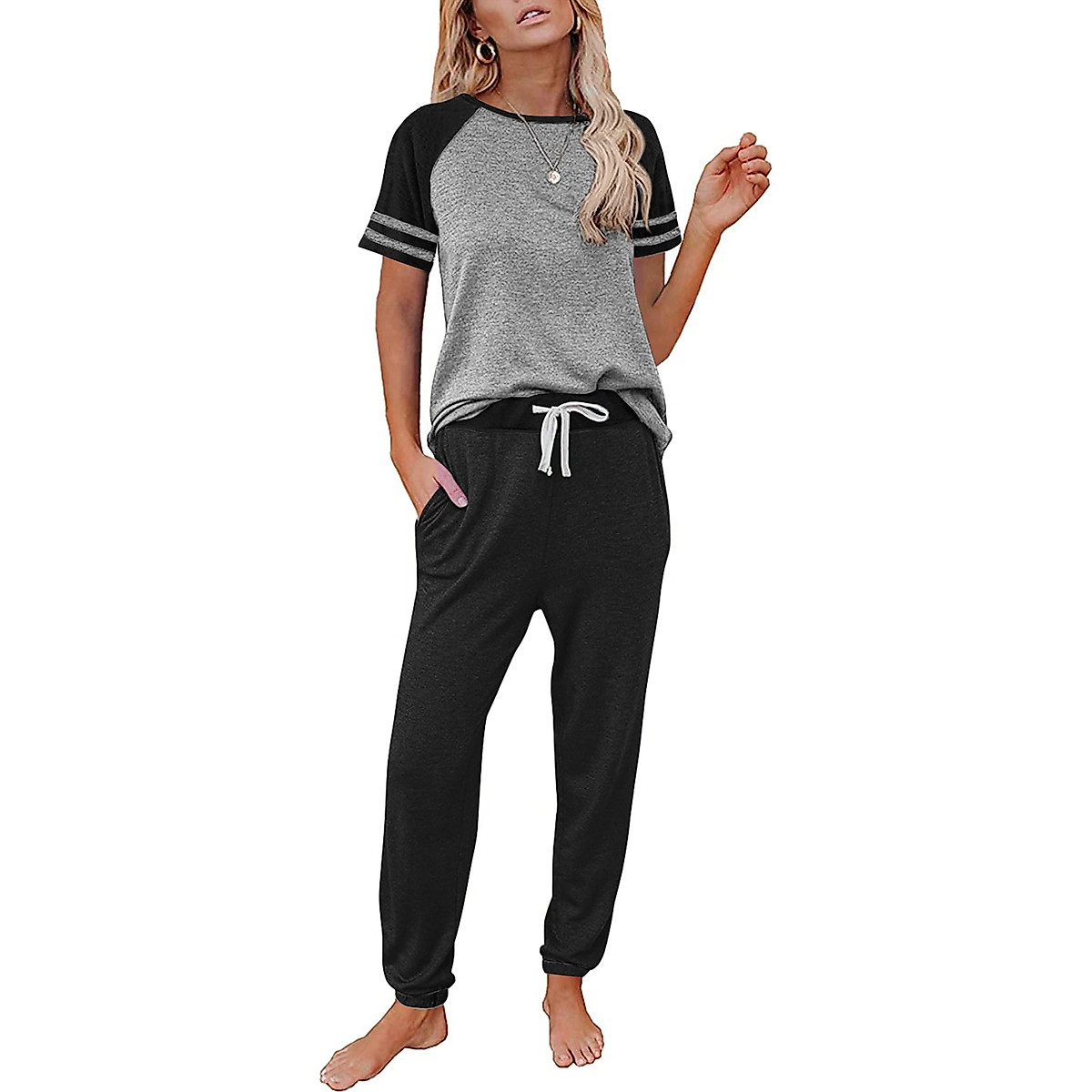PRETTYGARDEN Short Sleeve Jogger Sets for Women 2 Piece Color Block Casual Tops and Long Pants Track Suit Matching Pajama Set(Z-Black Grey,Large)