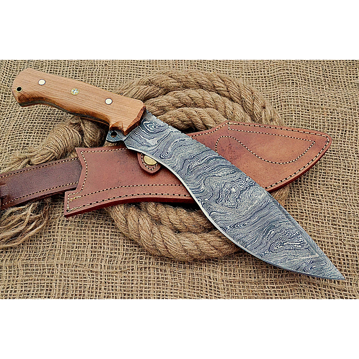 HUNTEX Handmade Hand-Forged Twist Pattern Damascus Steel 15 Inch Long Full Tang Natural Oak Wood Handle Razor Sharp Hunting Camping Kukri Knife w/Genuine Leather Sheath