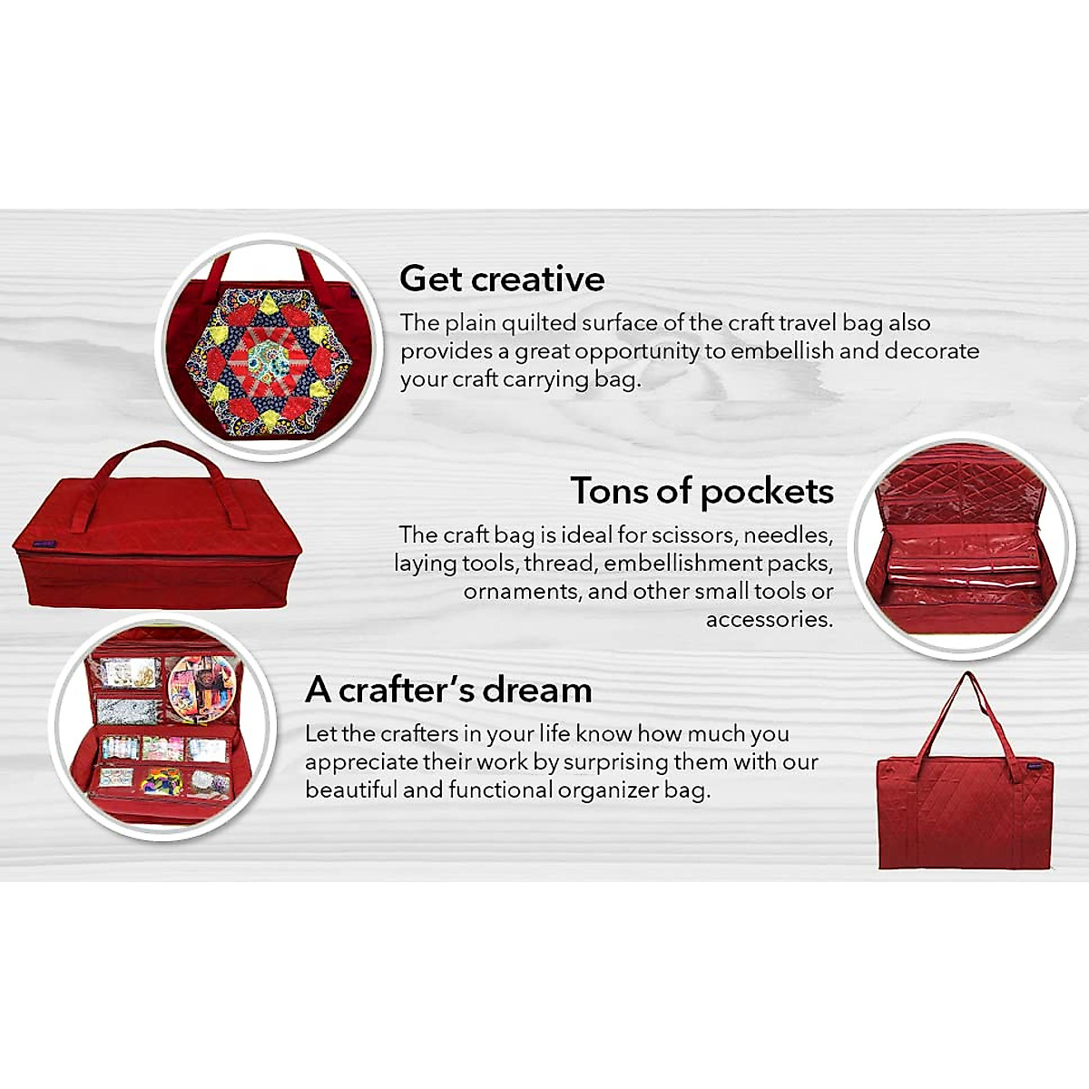 Yazzii Carry All Organizer Tote – Ultimate Craft Storage Bag with 20 pockets for Quilting Supplies, Sewing Notions, Embroidery & More - Red