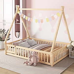 Mirightone Tent Floor Bed for Kids Full Size Montessori Floor Bed with Slats and Guardrails Wood Teepee Bed Frame with Fence and Door for Boys Girls, Natural