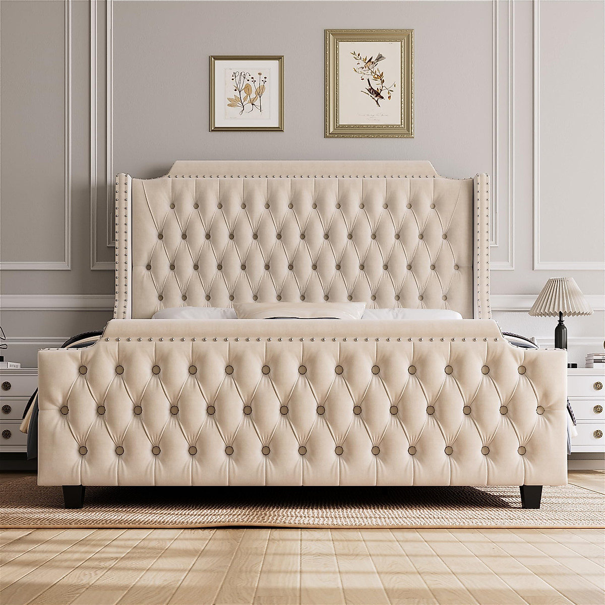 HOSTACK King Size Platform Bed Frame with 54" Tall Wingback Headboard & Deep Button Tufted Footboard, Velvet Upholstered Bed Frame with Handmade Pleats, Nailhead Trim, No Box Spring Needed, Cream