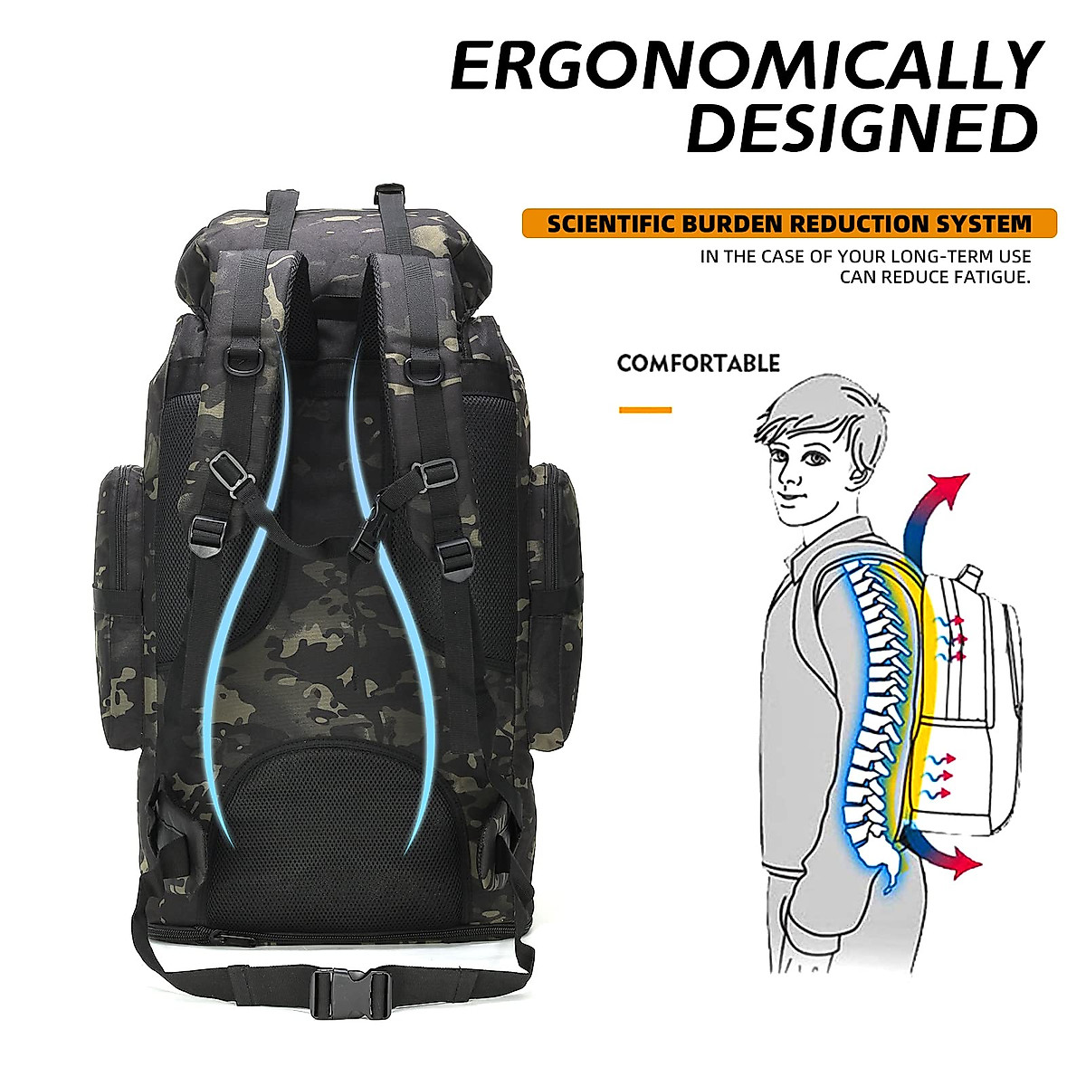 HongXingHai 70L/100L Hiking Camping Backpack MOLLE Rucksack Waterproof Daypack for Traveling (Black CP)