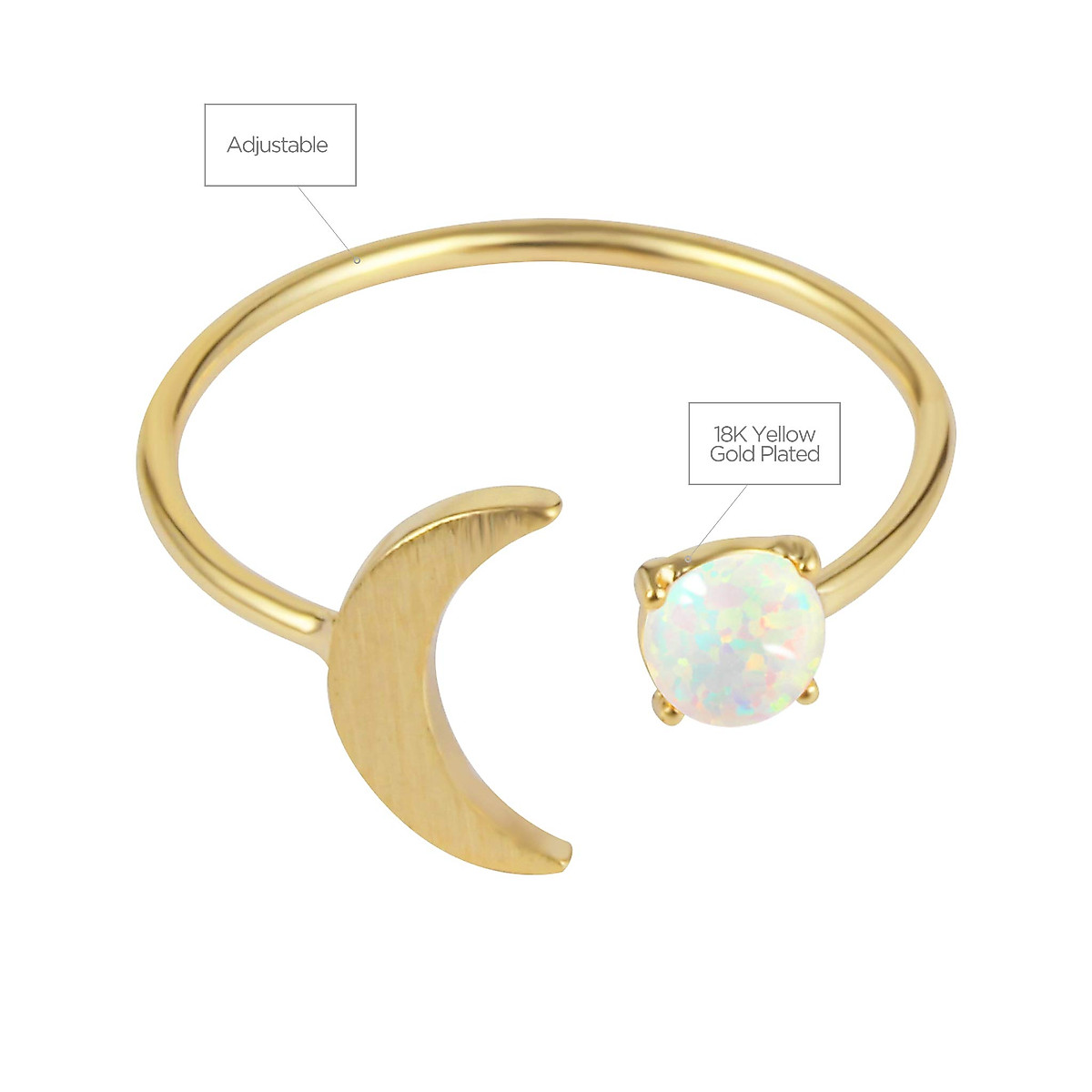 MUSTHAVE Adjustable 18K Gold Plated Ring, Moon Opal, Created Opal, Round, Prong, Glossy Finish
