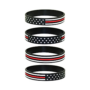 Great 1 Thin Red Line American Flag Silicone Stretchable Bracelet 4-Pack - Fireman Firefighter