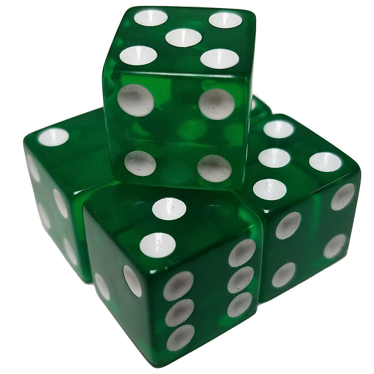 Azty Solutions Set of 5 Dice Green Transparent 6 Sided White Pips Square Corner 16mm in Snow Organza Bag