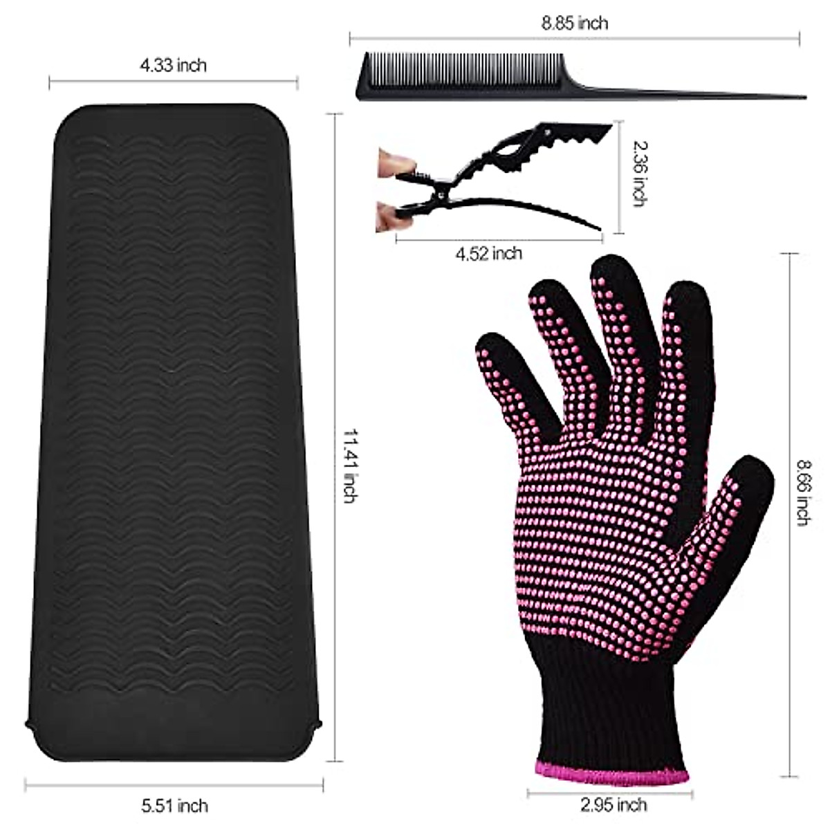 ARRITZ 2Pcs Heat Gloves for Hair Styling, Professional Curling Iron Gloves with Heat Resistant Silicone Mat Pouch, 6pcs Hair Clips, 2pcs Combs