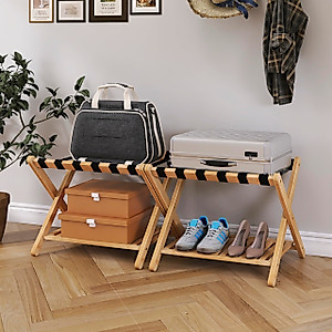 SMIBUY Luggage Rack, Set of 2, Foldable Bamboo Suitcase Stand with Storage Shelf for Guest Room, Bedroom, Hotel, Heavy-Duty (Natural)