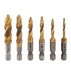 Omninmo 6 Pcs 1/4" Hex Shank Titanium Combination Drill Tap Bit Set Screw Tapping Countersink Drill Bits Metric Thread M3-M10 Taps Tool(M3, M4, M5, M6, M8, M10)