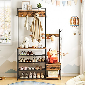 HOOBRO Hall Tree, Entryway Coat Rack Shoe Bench, Shoe and Coat Rack for Entryway, Hall Tree Coat Rack, with Non-Woven Fabric Drawer, for Entrance, Foyer, Rustic Brown and Black BF113MT01