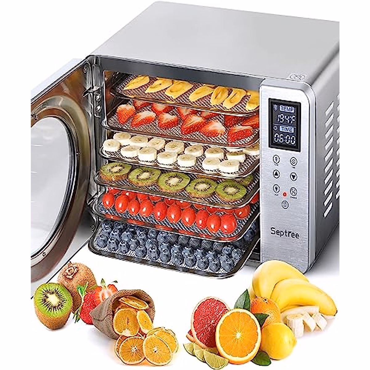 𝐒𝐞𝐩𝐭𝐫𝐞𝐞 Food Dehydrator for Jerky, Fruit, Meat, Veggies, Dog Treats, Herbs and Yogurt, 6 Stainless Steel Trays Food Dryer Machine with Digital Timer, Temperature Control & Safety Over Heat Protection