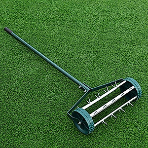 Goplus Rolling Lawn Aerator, 18-Inch Garden Yard Rotary Push Tine Heavy Duty Spike Soil Aeration, Manual Lawn Aeration Tool w/ 40.5-Inch Handle (Silver)
