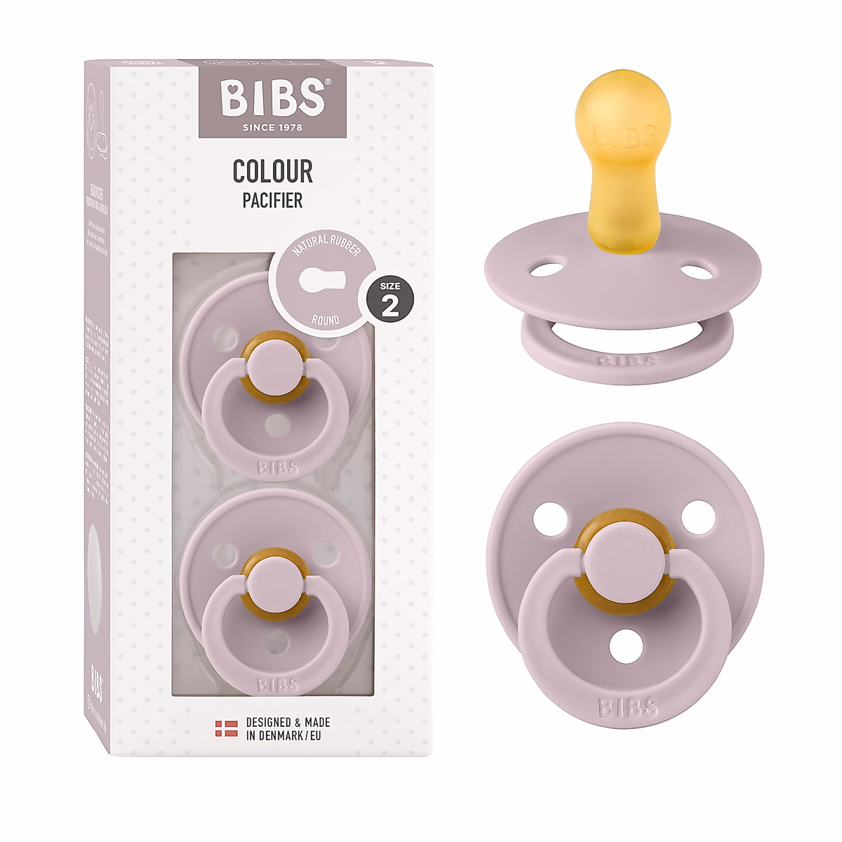 BIBS Pacifiers Colour Collection | Natural Rubber Baby Pacifier | Set of 2 BPA-Free Soothers | Made in Denmark | 6+ Months (Pack of 2) | Dusky Lilac