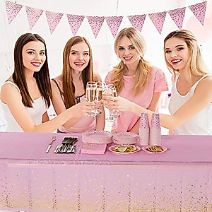 108"x54" 4 Packs Pink and Gold Disposable Party Tablecloth for Rectangle Table, Gold Stamping Dot Confetti Rectangular Plastic Table Cover, for Bachelorette, Girl Birthday and Baby Shower, Wedding