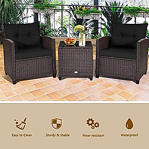 RELAX4LIFE 3 Piece Patio Furniture Set, Wicker Bistro Conversation Set w/ 2 Cushioned Armchairs & Glass Topped Table, Outdoor Rattan Sofa Set Patio Furniture for Porch Balcony Poolside (Black)