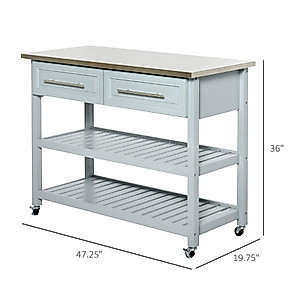 HOMCOM Kitchen Island Rolling Utility Trolley Cart with 2 Drawers Stainless Steel Top - Grey