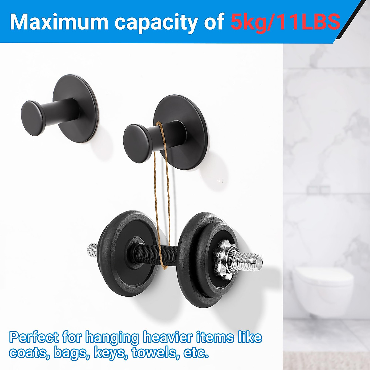 SAYAYO Self Adhesive Hooks for Hanging, Coat Hooks Wall Mount Matte Black Towel Hook for Bathrooms, Stick on Hooks SUS304 Stainless Steel, 4pcs
