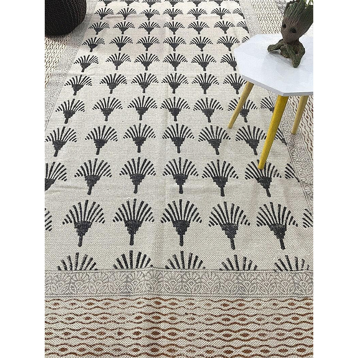 Hand Printed Block Print Rug Flatweave Area Rug Boho Rug Cotton Rug (4' x 6') Black&cream