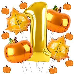 Dripykiaa 5Pcs Pumpkin First Balloon 40" Gold One Year Old Balloon Set for First Birthday Fall Birthday Decorations Maple Leaves Pumpkin Foil Helium Balloons Party Supplies Backdrops for Girls Boys