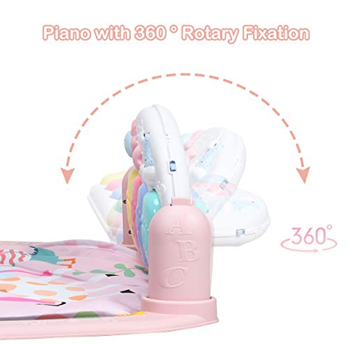 HONEY JOY Baby Play Mat, Kick & Play Piano Tummy Time Gym Fitness Playmat, 4 Rattle Pendants and 1 Mirror, Newborn Deluxe Music Activity Center for Toddler Infants (Pink)