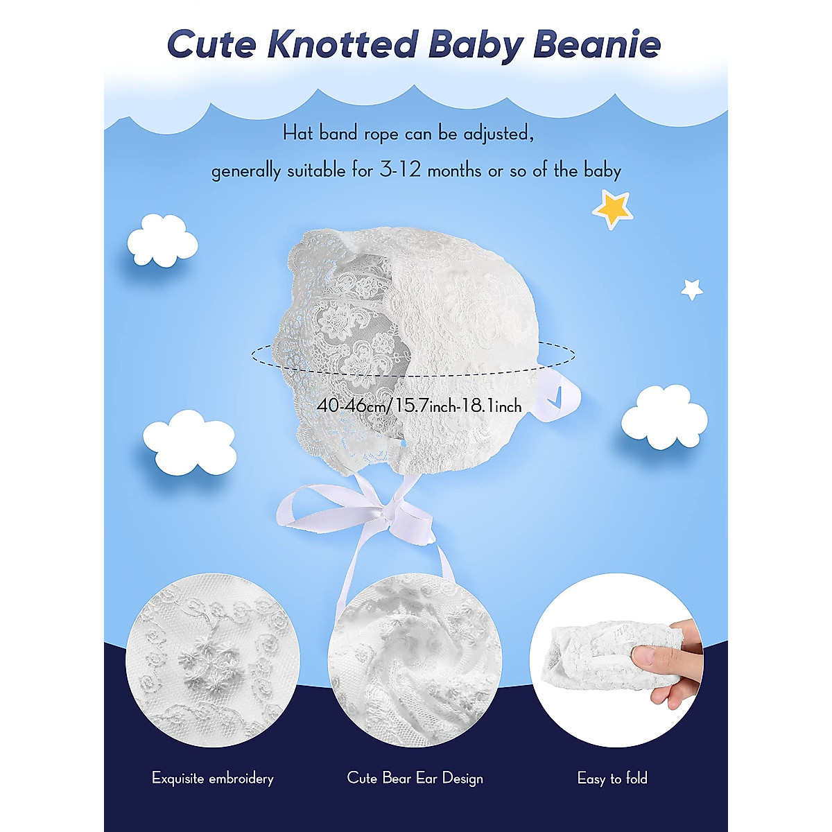 Unittype 2 Pieces Baby Girl Lacy Bonnet Eyelet Lace Christening Bonnet Cap Toddlers Beanie Breathable Sun Protection Hat White,40- 44cm 16.5-17.3 inches in head circumference