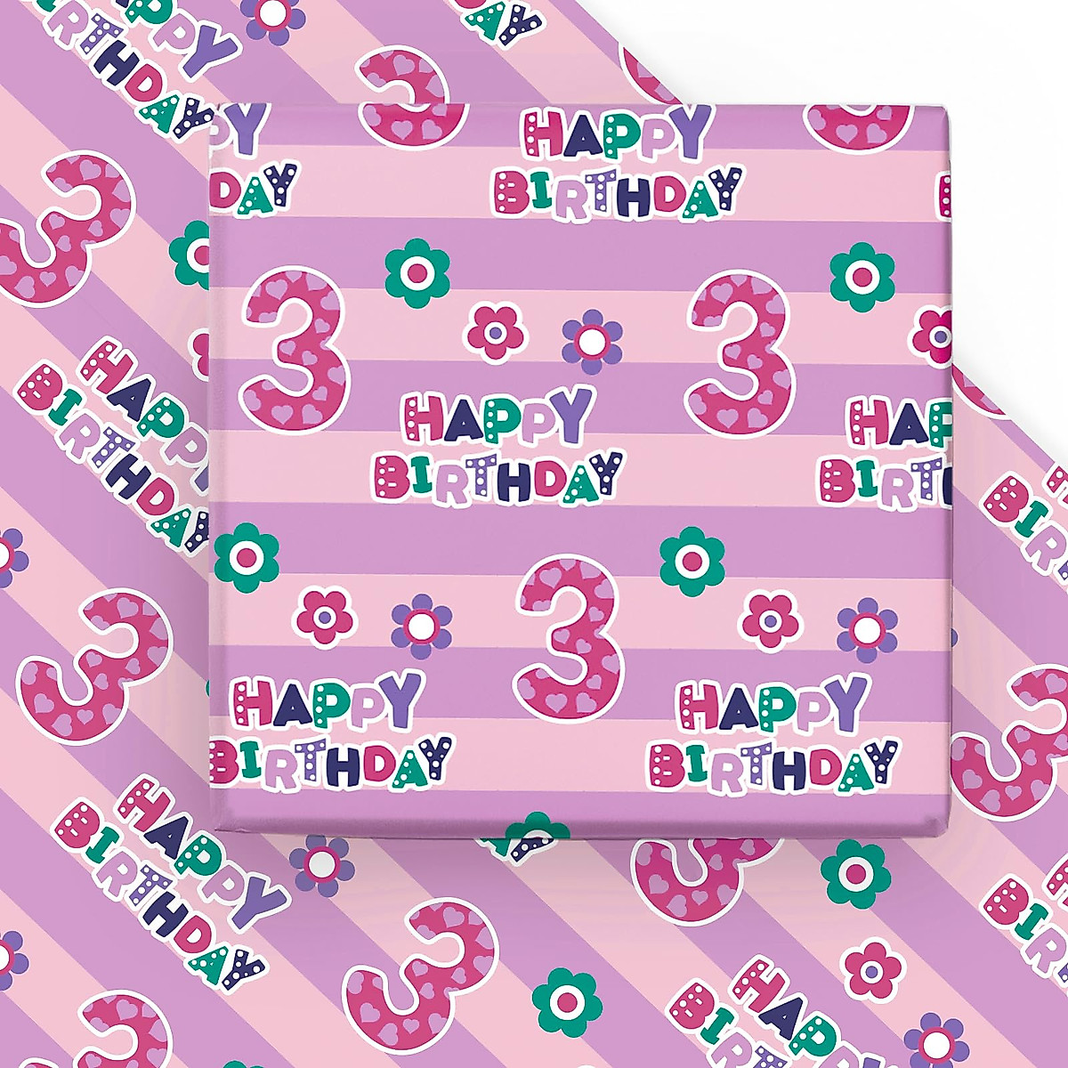WRAPAHOLIC 3rd Birthday Wrapping Paper Sheet - 6 Sheets Pink Happy Birthday with Floral Design Folded Flat for Birthday, Party, Baby Showers - 19.7 Inch X 27.5 Inch Per Sheet