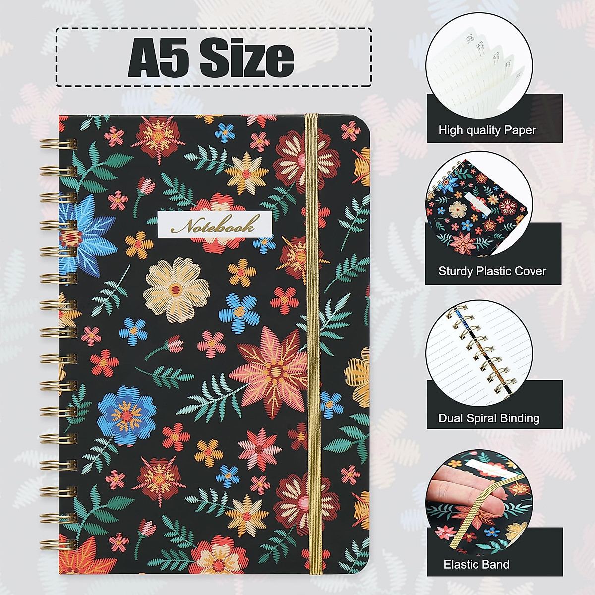 EOOUT Spiral Notebook, A5 Hardcover Spiral Journal for Women, 5.7x8.5 Inches, 160 pages, Cute Floral Notebook, Lined Journal for Gifts Office School and Work
