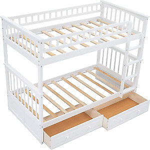 Bunk Beds Twin Over Twin with Drawers, Solid Wood Bunk Beds with Ladder for Boys Girls Teens Adults, White
