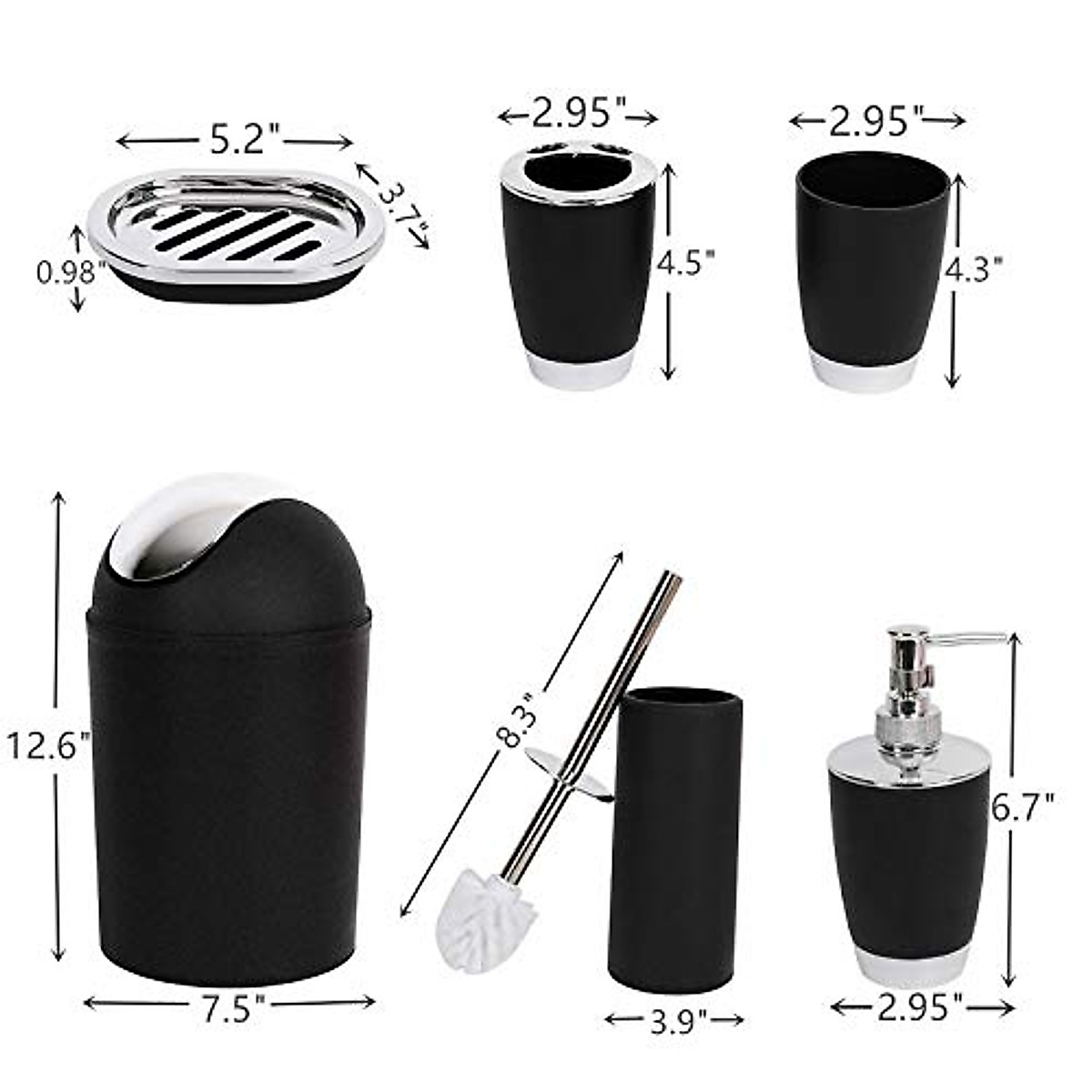YCOCO Bathroom Accessories Set,6 Pcs Plastic Gift Set Toothbrush Holder,Mouthwash Cup,Soap Dispenser,Soap Dish,Toilet Brush,Trash Can,Black