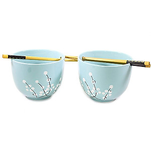 Set of 2 Japanese Porcelain Ceramic Bowls w Chopsticks for Ramen Soup Noodle Porridge Menudo Ramen Udon Pasta Cereal Ice cream Pho Rice Instant Noodle (White Flowers)