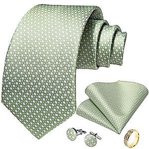 DiBanGu Mens Sage Green Solid Color Tie Set Formal Light Green Necktie and Pocket Square Cufflinks Tie Ring Set in Gift Box