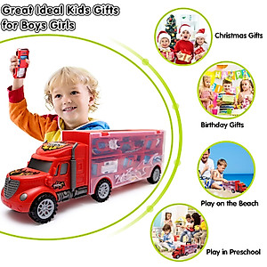 Toddler Toys for 3-4 Year Old Boys,Large Transport Cars Carrier Set Truck Toys with 12 Die-cast Vehicles Truck Toys Cars,Ideal Christmas Easter Valentines Day Gifts Toys for Kids Age 3-7 (Red)