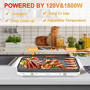 AEWHALE 2-in-1 Electric Griddle & Countertop Burner,2 Cooking Zone with Adjustable Temperature,1800W Electric Hot Plate with Removable Griddle Pan Non-stick