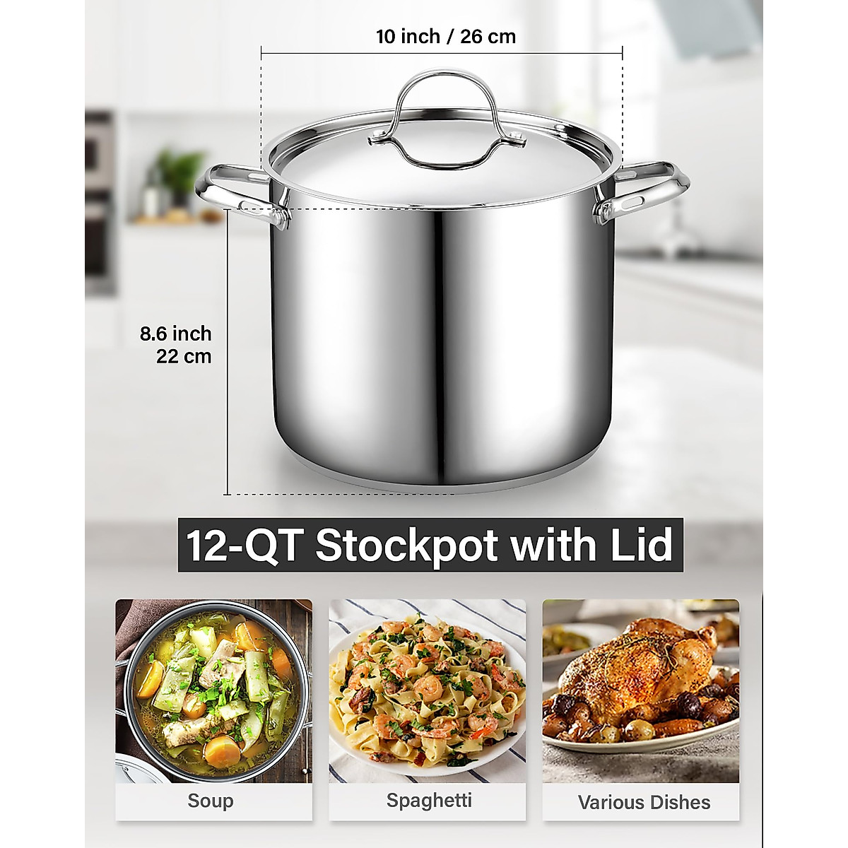 Cooks Standard 18/10 Stainless Steel Stockpot 12-Quart, Classic Deep Cooking Pot Canning Cookware with Stainless Steel Lid, Silver