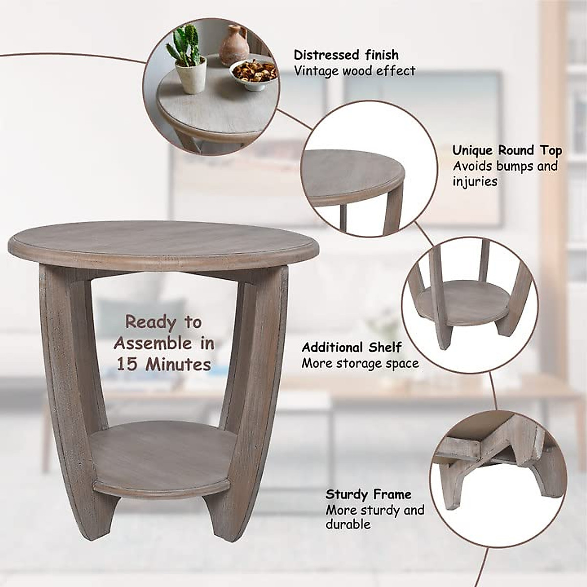 COZAYH Rustic Farmhouse end Table with Storage Shelf, French Country Accent Side Table for Family, Dinning or Living Room, Small Spaces, Modern, Round, Vintage Grey Finish.