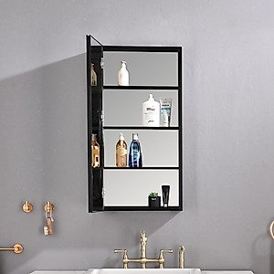 THNIKRE Black Medicine Cabinet, 18x36 inch Single-Door Bathroom Cabinet with Mirror, Wall Mounted Cabinet Medicine Full-Overlay Mirrored with Beveled Edges, Recessed or Surface Mount Aluminium 38lbs
