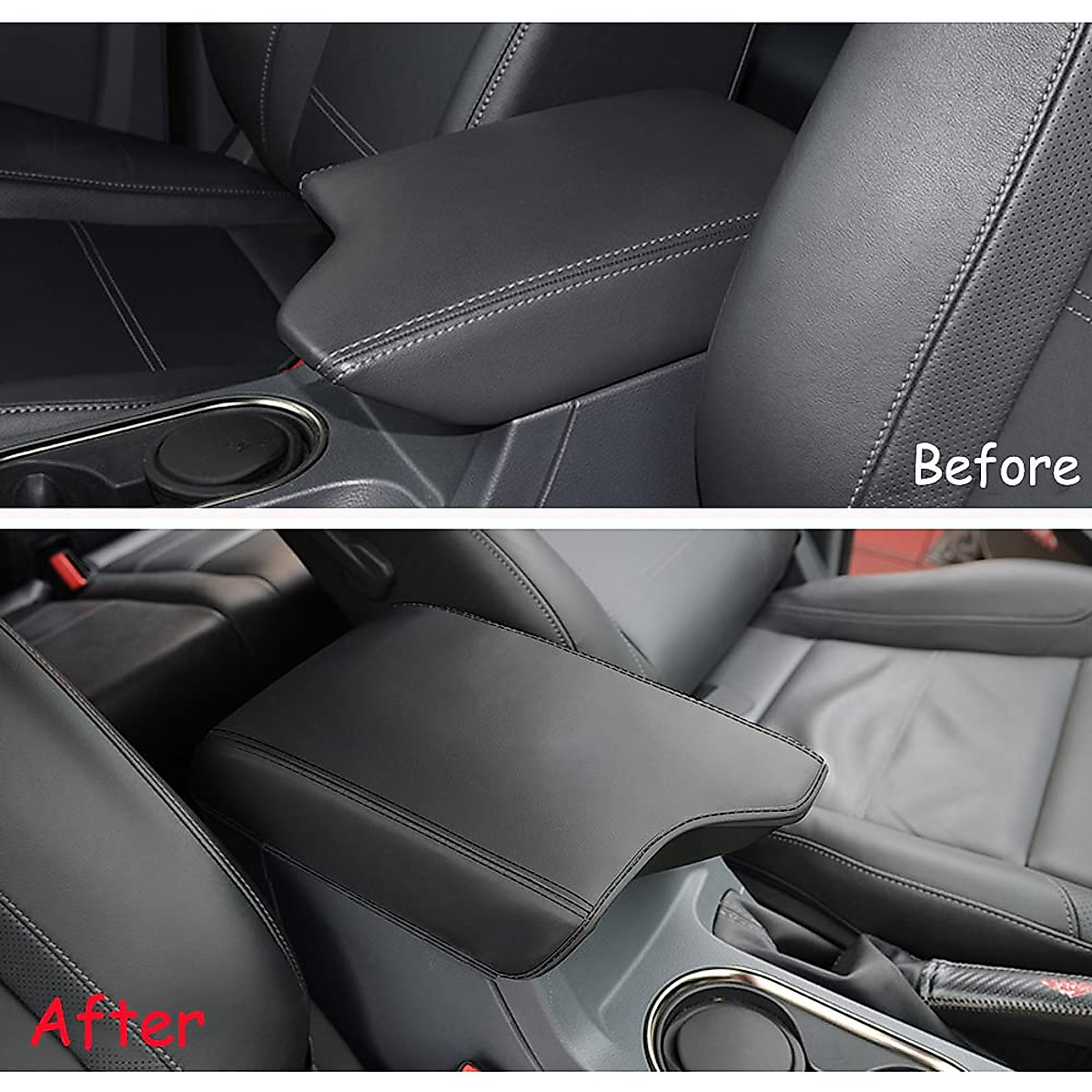 INTGET Center Console Armrest Cover for Ford Ranger Accessories 2019 2020 2021 2022 2023 Interior Leather Middle Console Dog Seat Cover Arm Rest Box Lid Protector(Black Stitches)