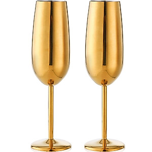 DEAYOU 2-Pack 18/10 Stainless Steel Champagne Glasses, Gold Metal Wine Goblet Cup for Cheers, Wedding, Party