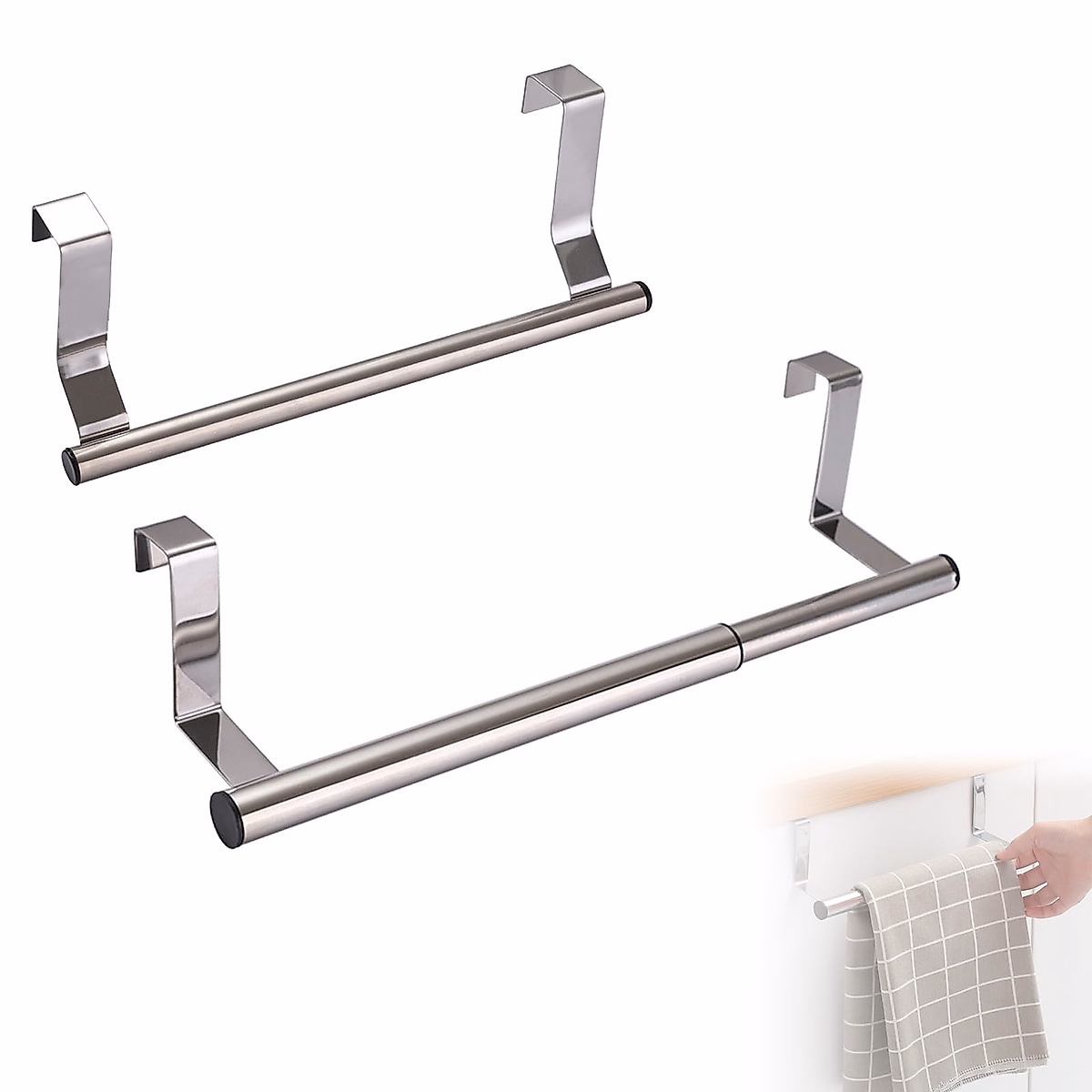 Stainless Steel Over-Cabinet Door Towel Holder (Pack of 2) - Kitchen and Bathroom Towel Rail Towel bar, Perfect for Hand or Tea Towels